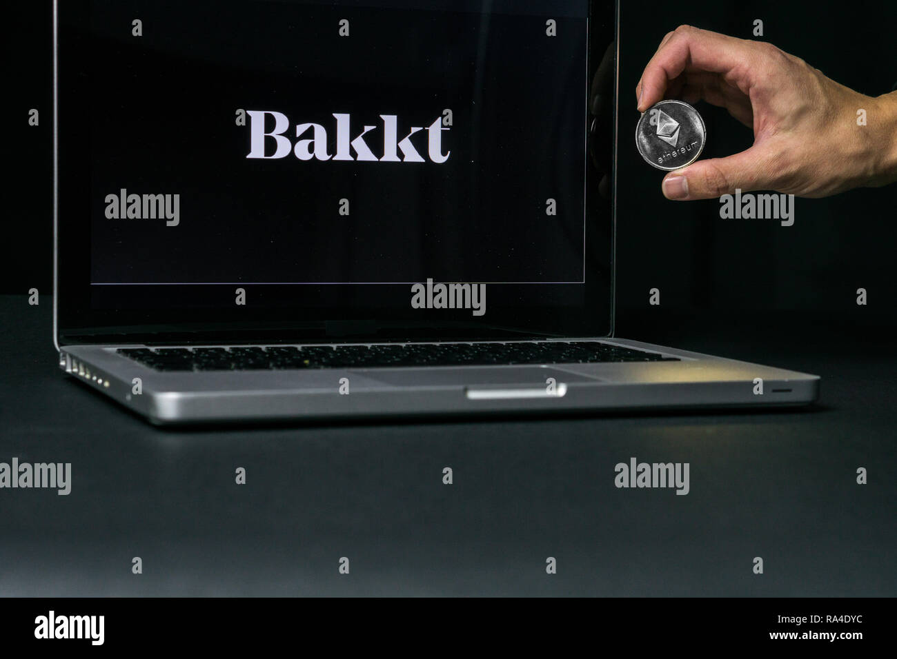 Ethereum coin with the Bakkt logo on a laptop screen, Slovenia ...