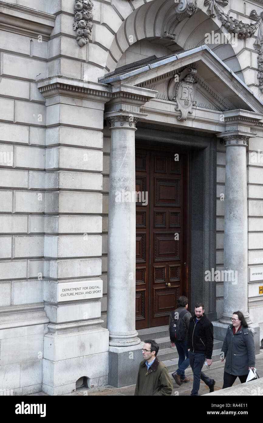 Entrance to the building of the Department for Digital, Culture, Media ...