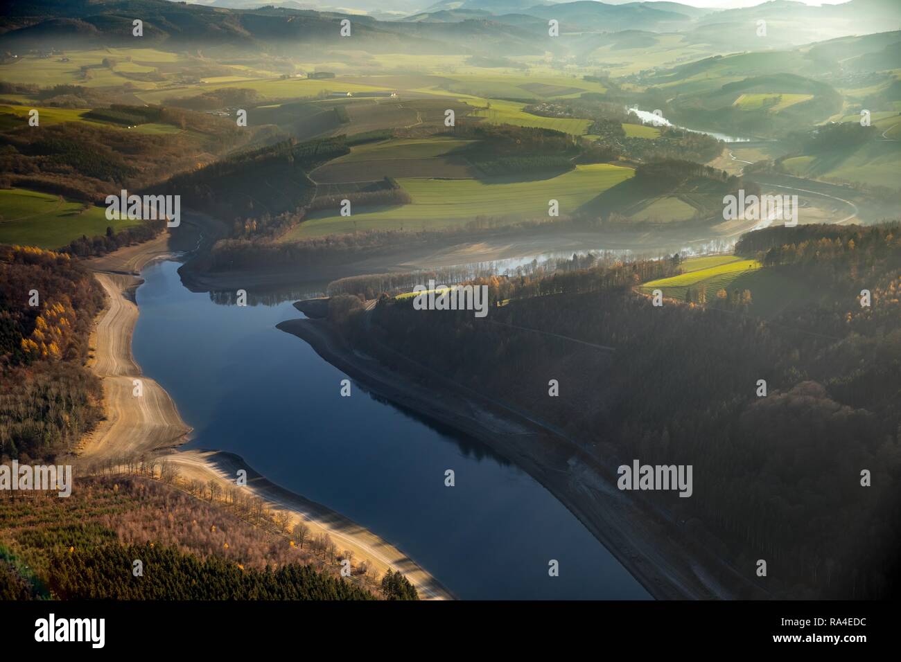 Aerial view, Hennetalsperre, reservoir at low water, water shortage ...