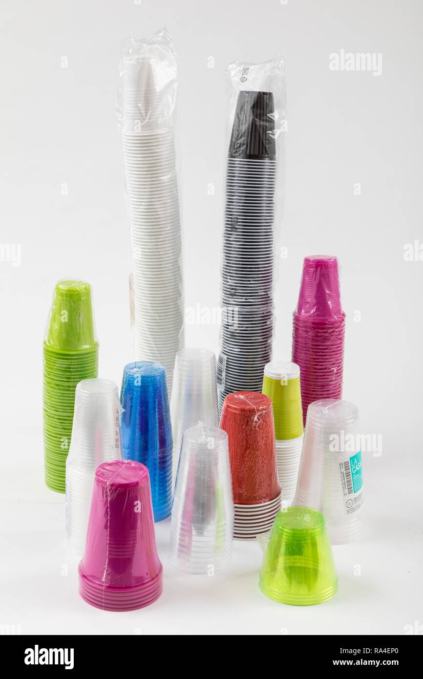 Plastic cups, many different types, shapes, colors, disposable cups ...
