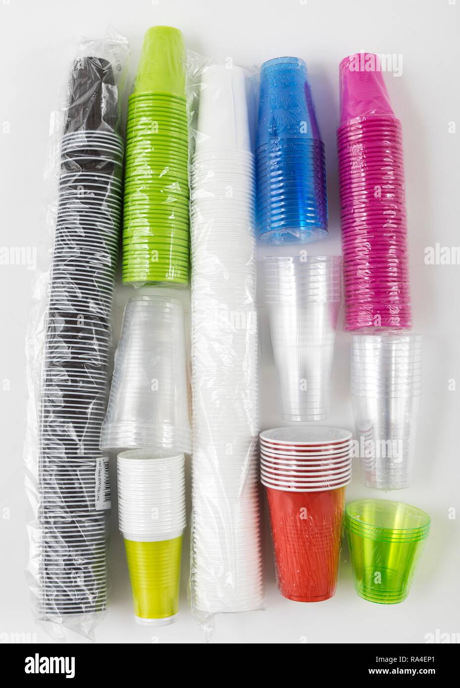 Plastic cups, many different types, shapes, colors, disposable cups ...