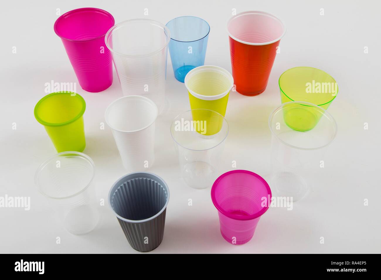 Plastic cups, many different types, shapes, colors, disposable cups ...