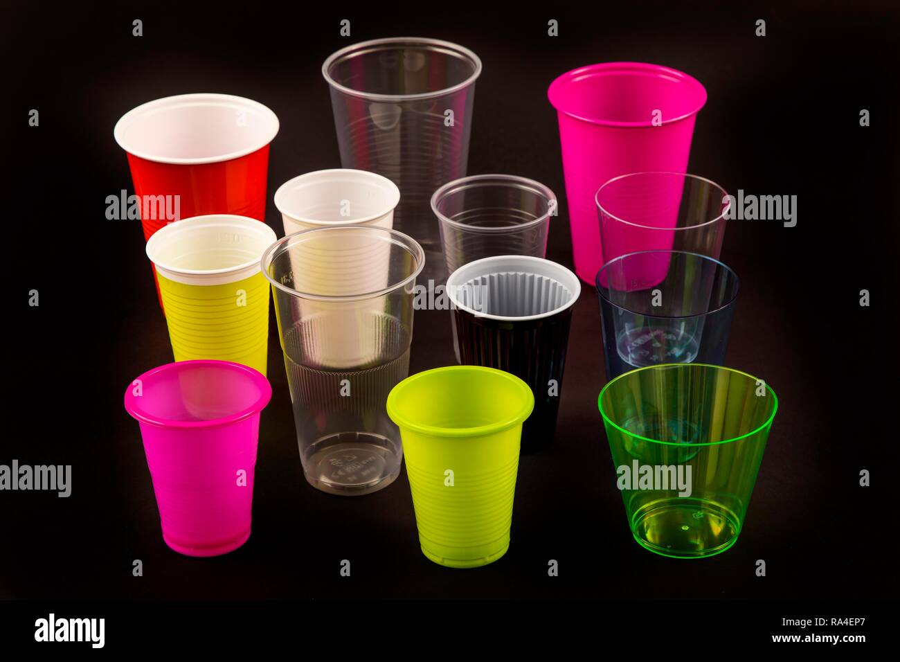 Plastic cups, many different types, shapes, colors, disposable cups ...