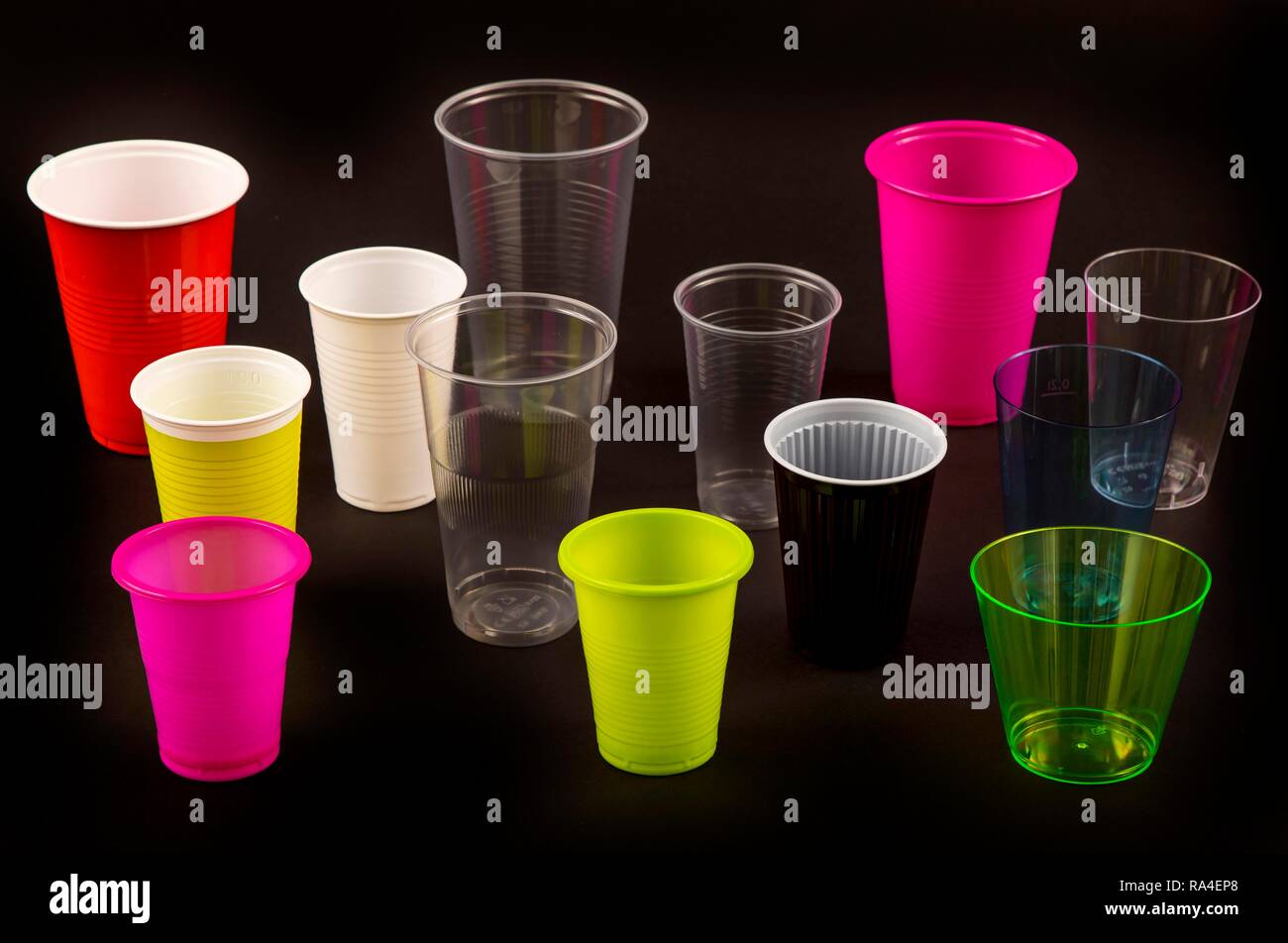 Plastic cups, many different types, shapes, colors, disposable cups ...