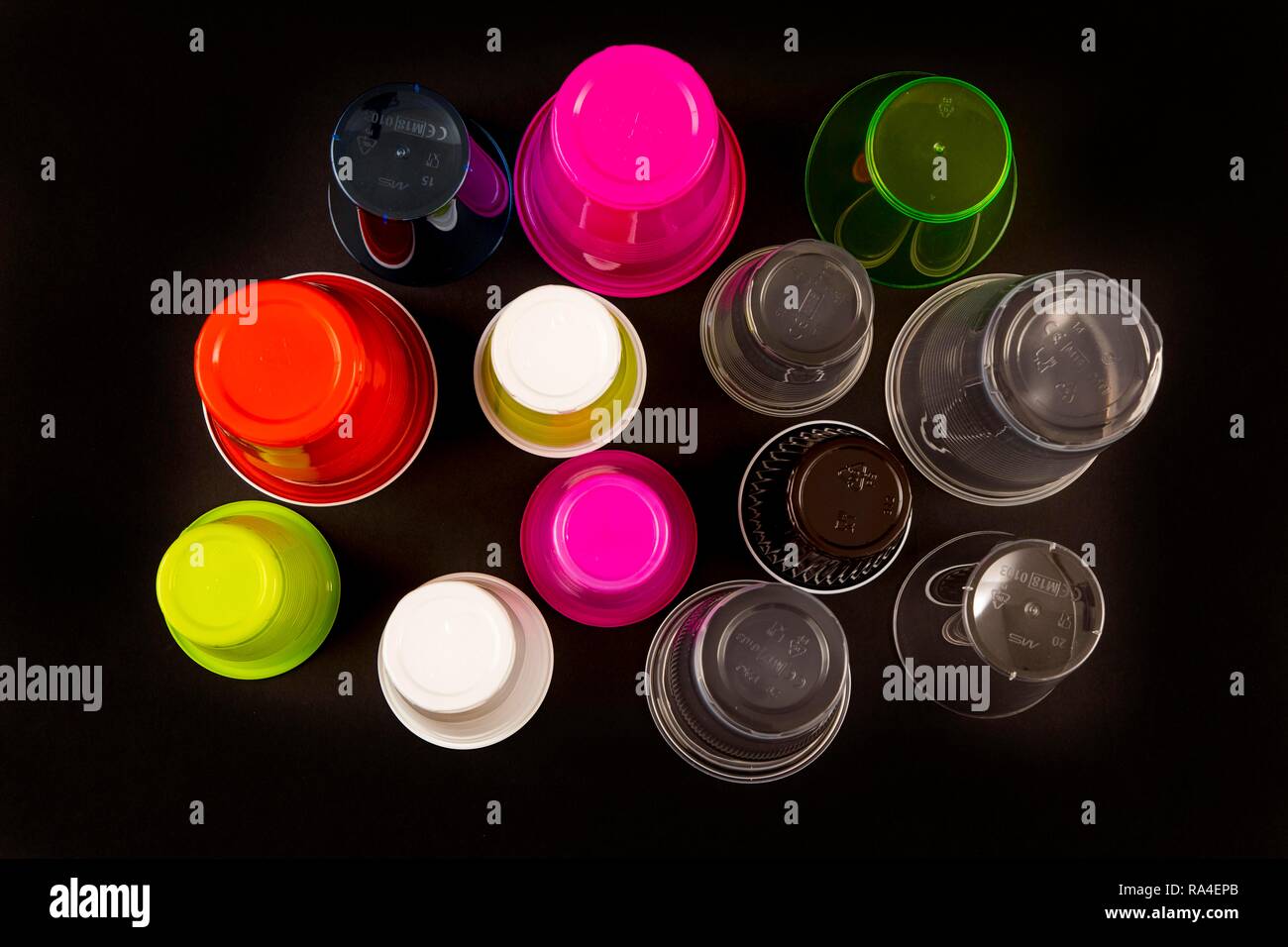 Plastic cups, many different types, shapes, colors, disposable cups ...