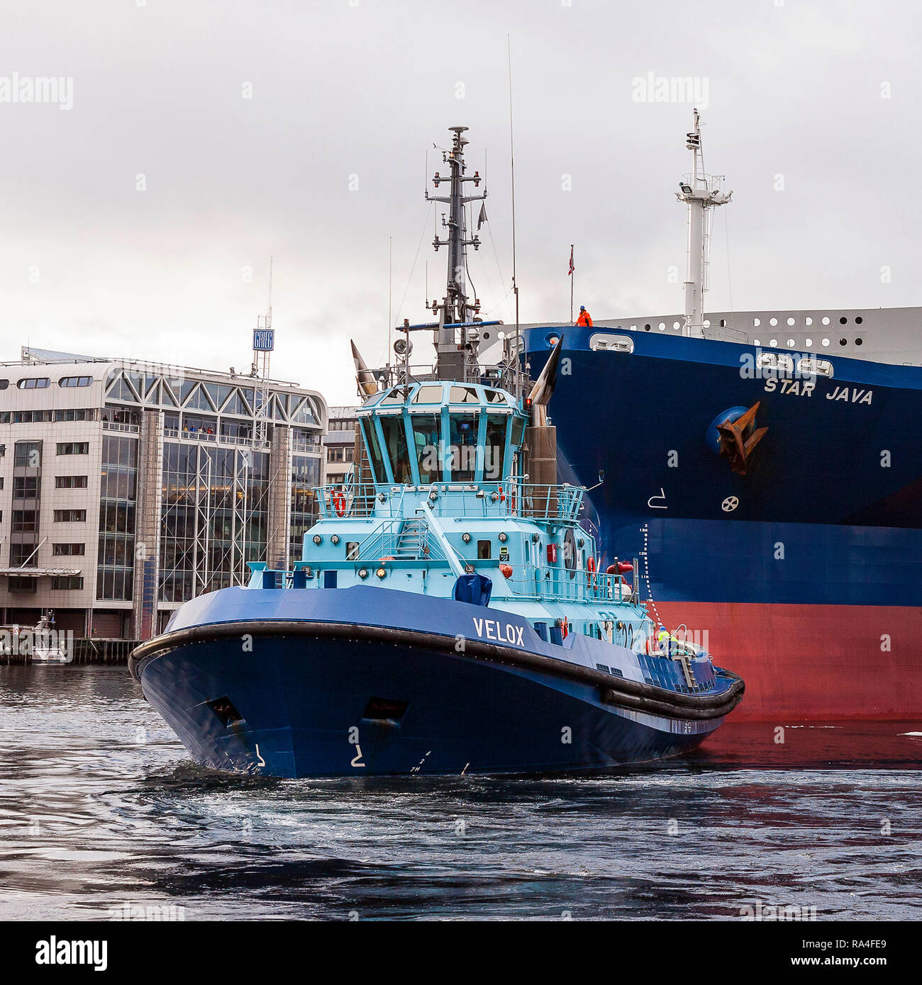 Newbuilding bulk carrier Star Java departing Bergen harbor following ...