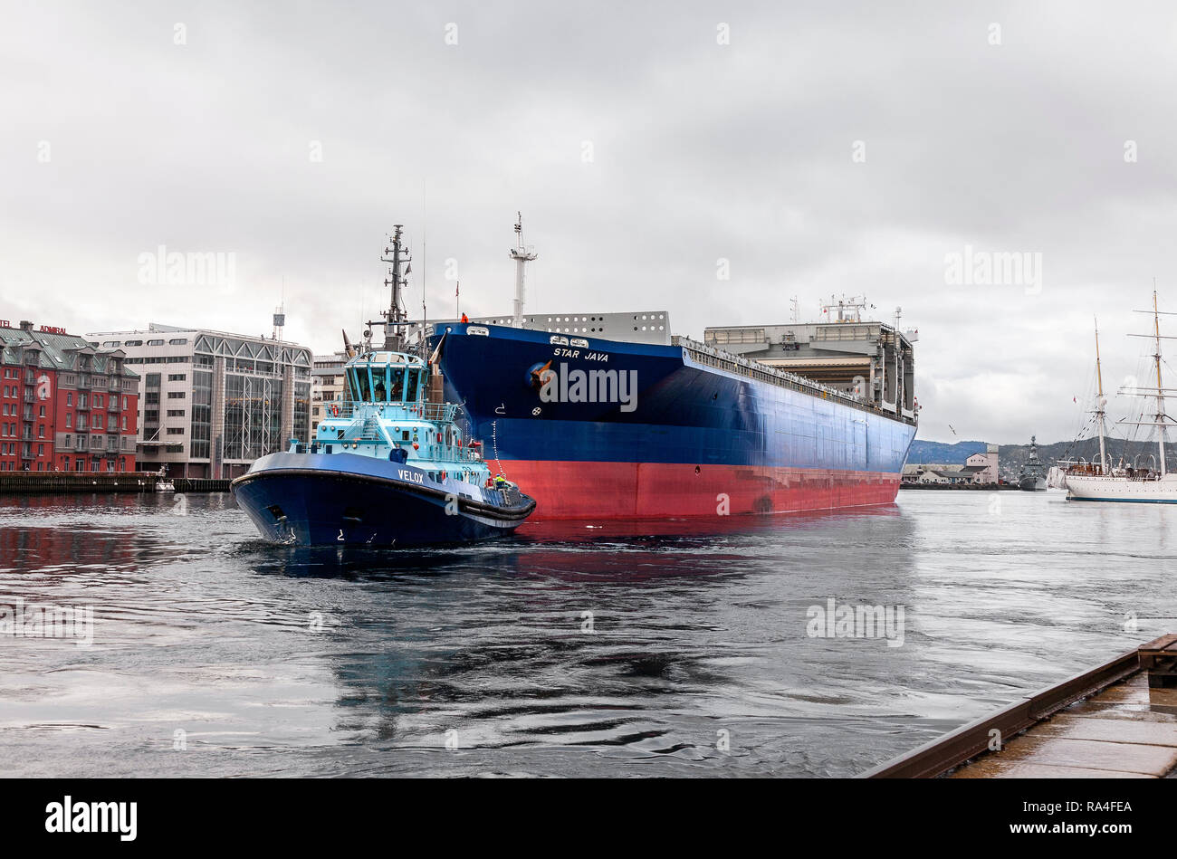 Newbuilding bulk carrier Star Java departing Bergen harbor following ...