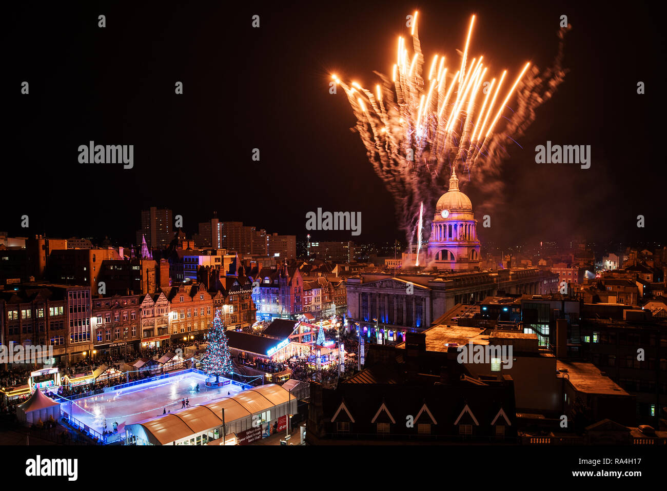 Fireworks light up the sky over the Old Market Square in Nottingham ...