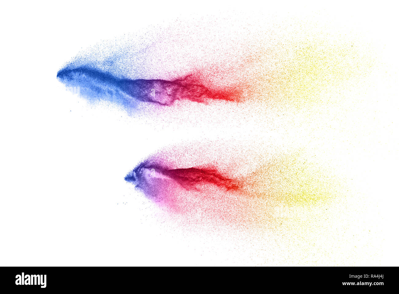 Abstract colored sand splash on white background. Color dust explode on ...