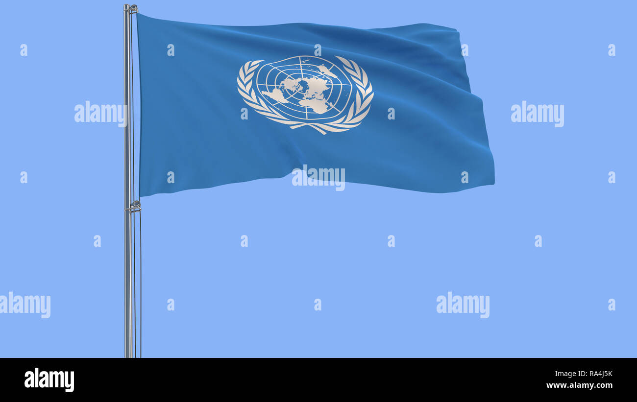 3D illustration of UN flag on a flagpole fluttering in the wind on a ...
