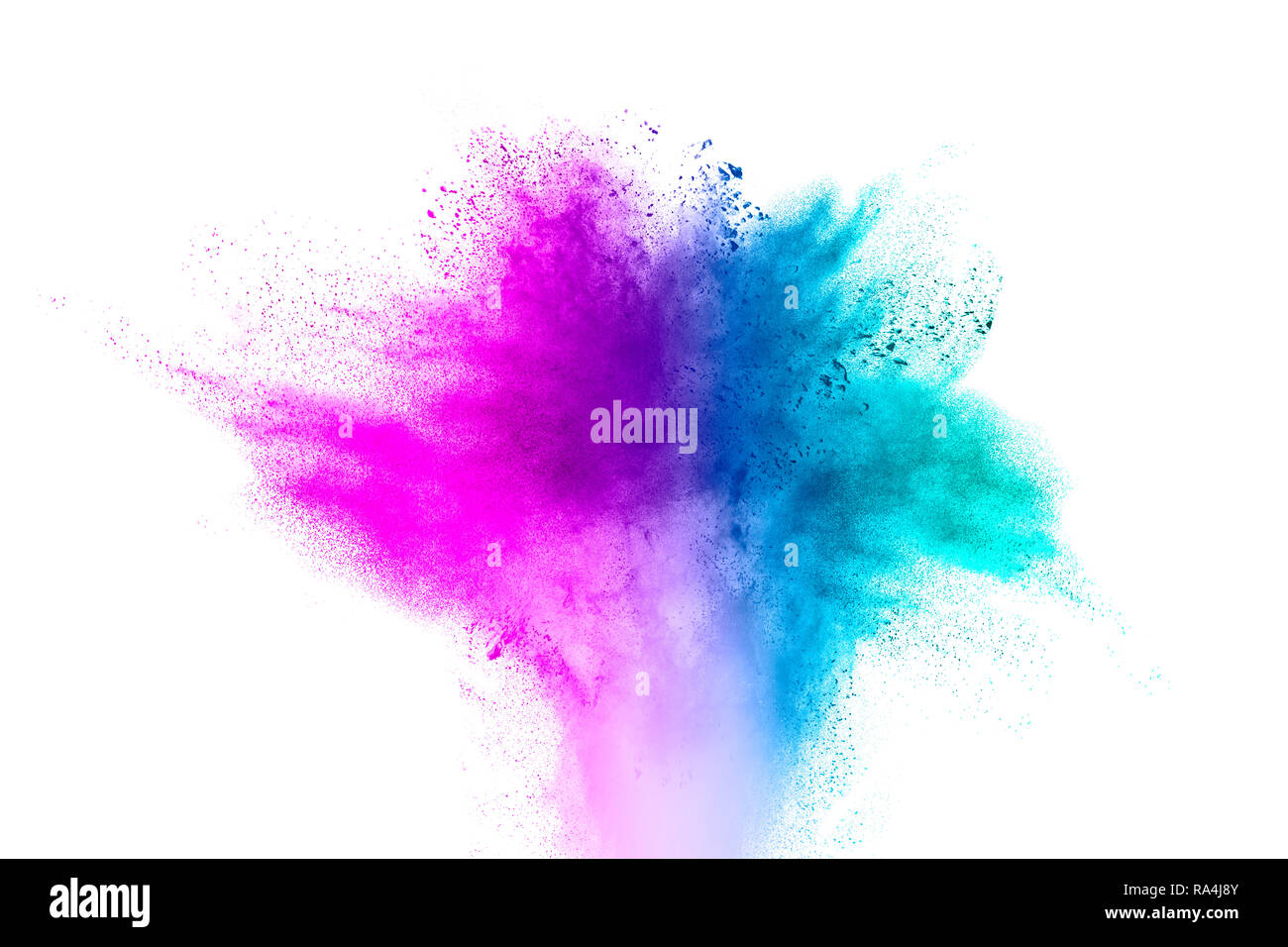 Abstract blue pink dust explosion on white background. Freeze motion of ...