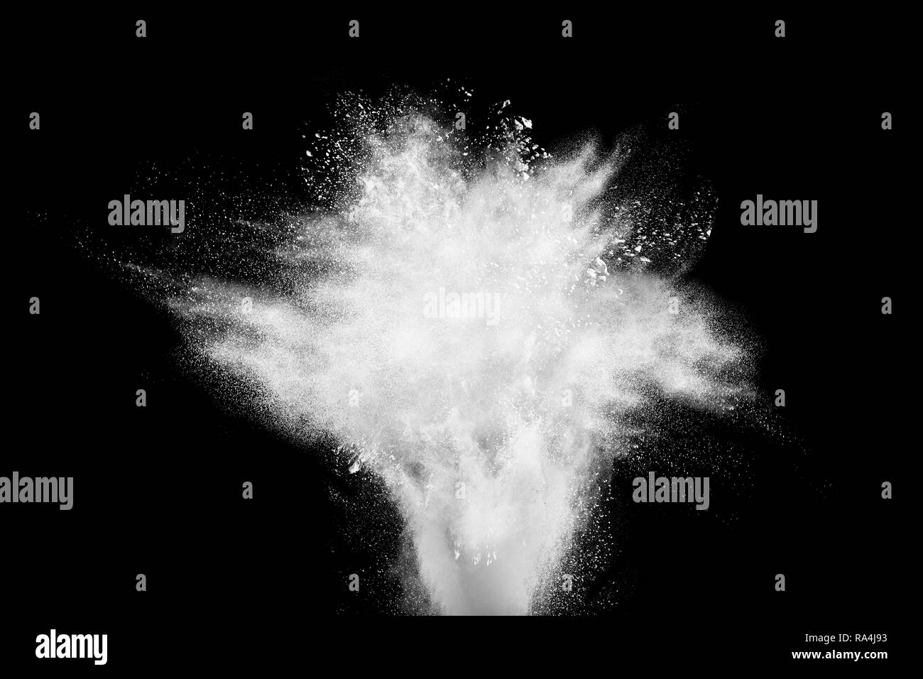 Launched white particle splash on black background. Bizarre forms of of ...