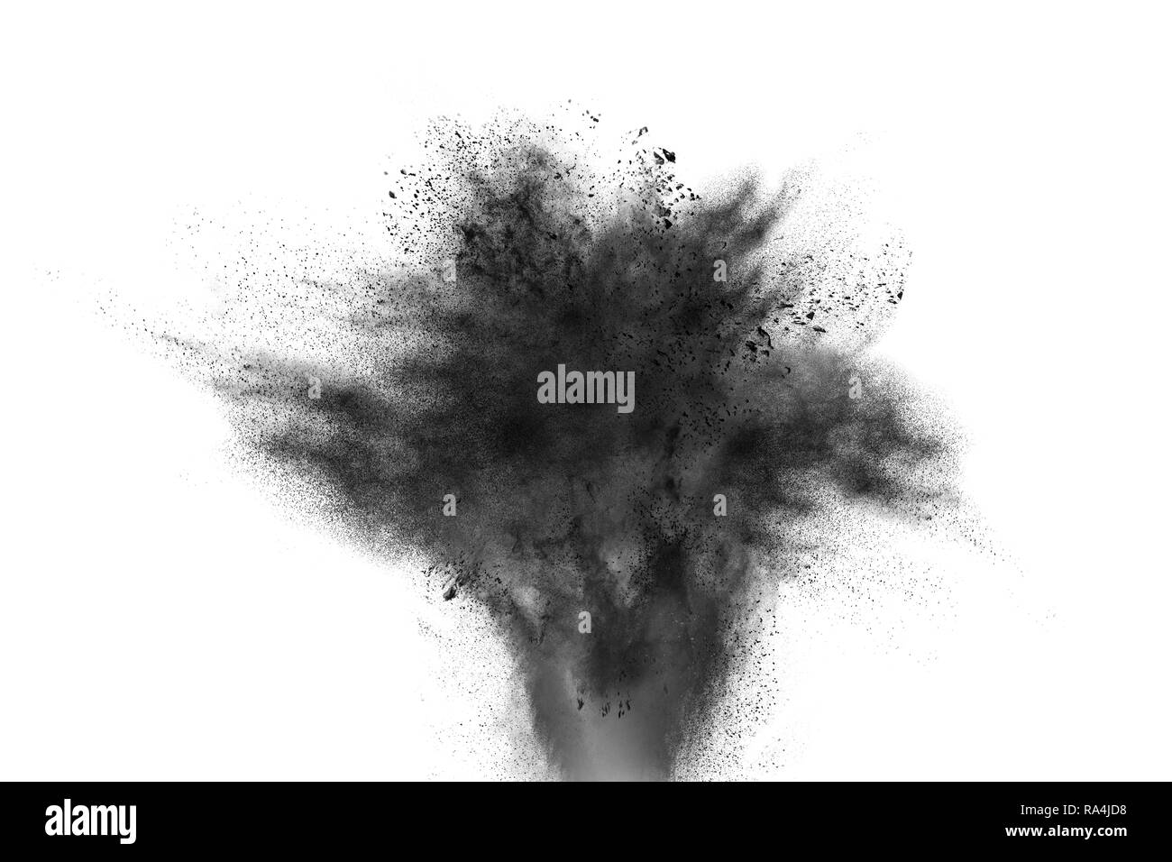 Black powder explosion against white background.The particles of ...