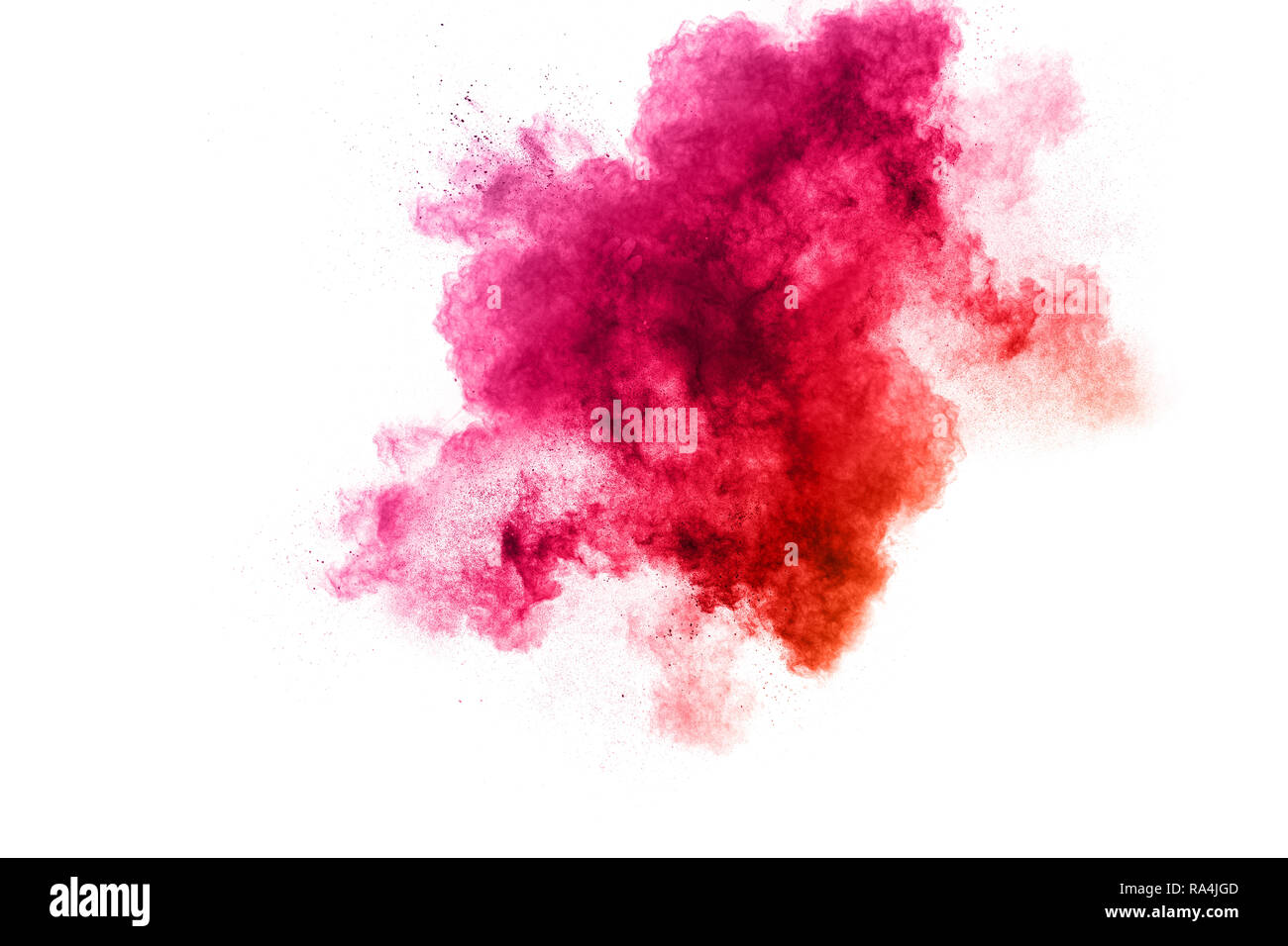 red color powder explosion on white background. Mauve red color cloud ...