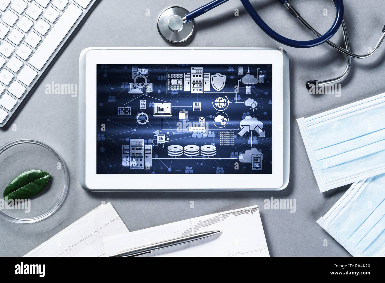 Concept of modern medicine with tablet on table from top view Stock ...