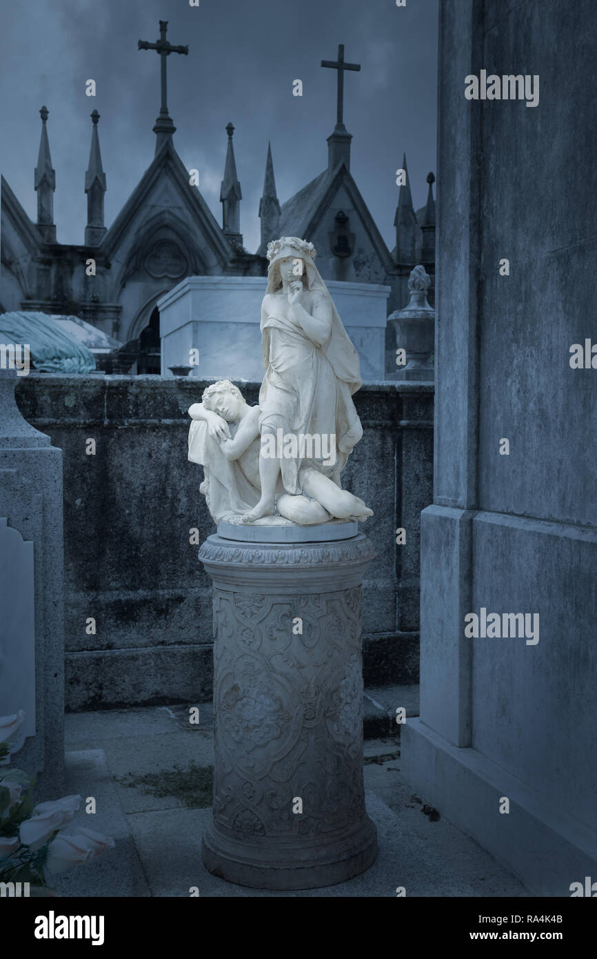 Allegory statue to night and silence of an old European cemetery Stock ...