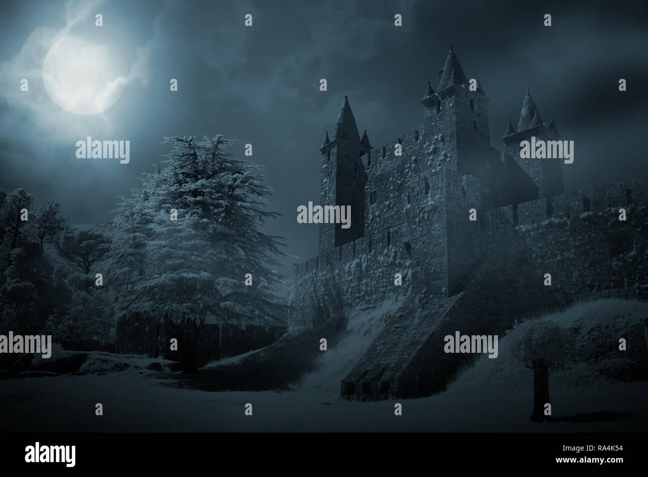 Mysterious medieval castle in a full moon night Stock Photo - Alamy
