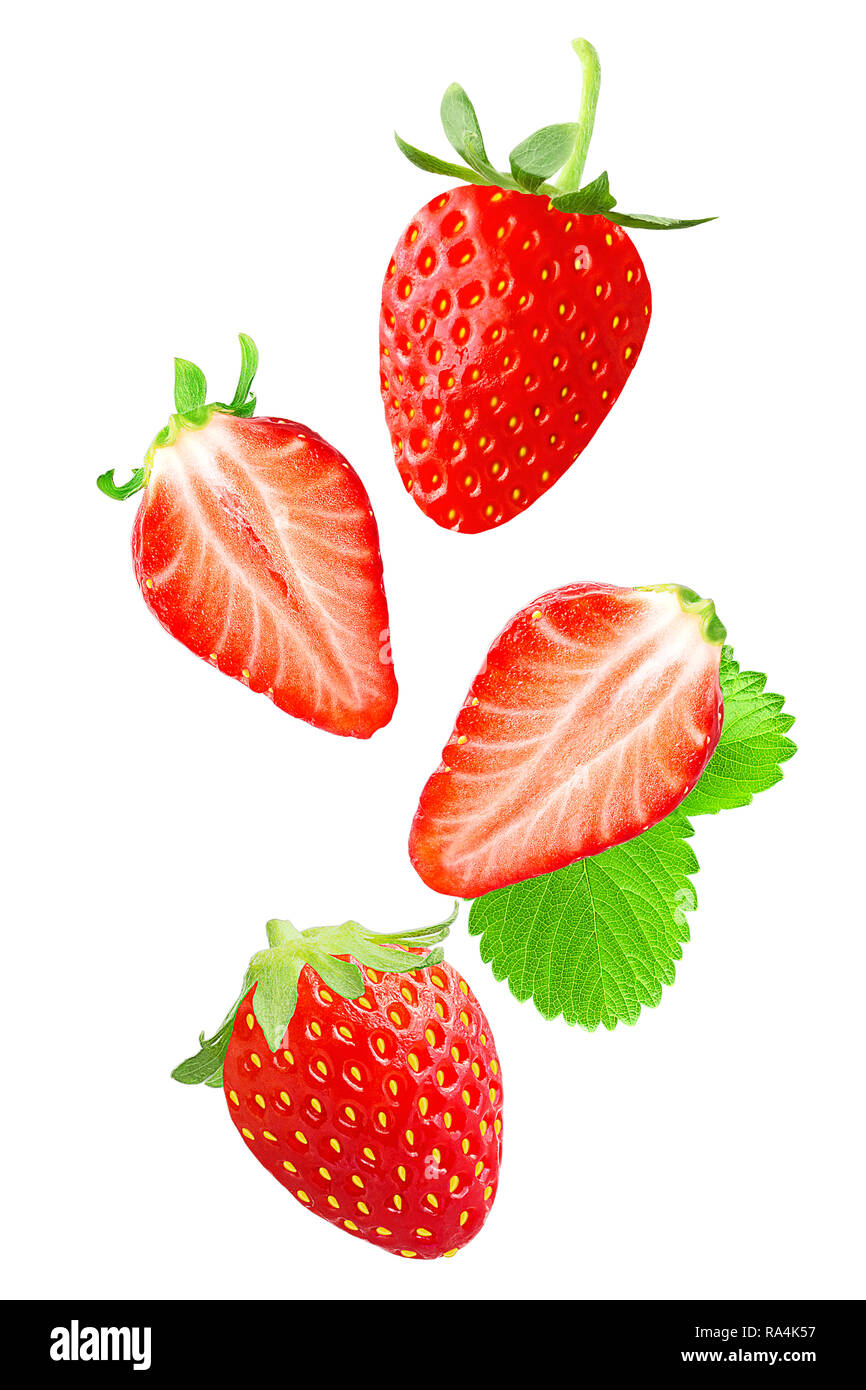 Flying slices strawberry fruits in the air isolated on white background ...