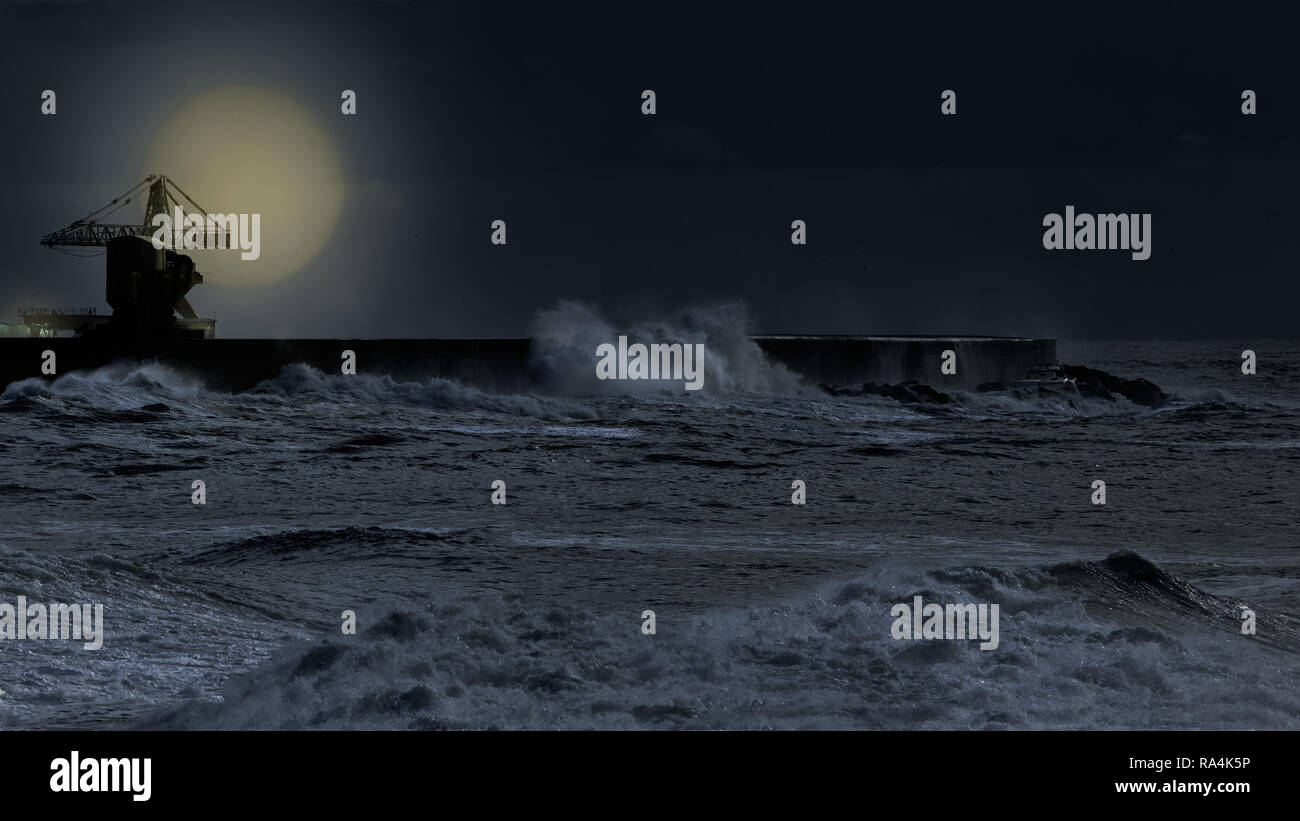 Overcast full moon stormy night at sea. Leixoes harbor north wall ...