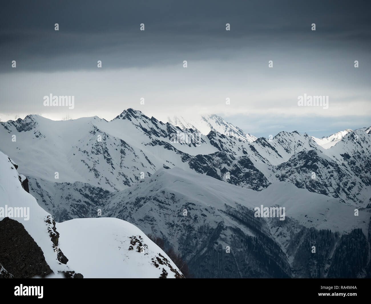 caucasus mountains high mountain peaks covered with snow and with ...