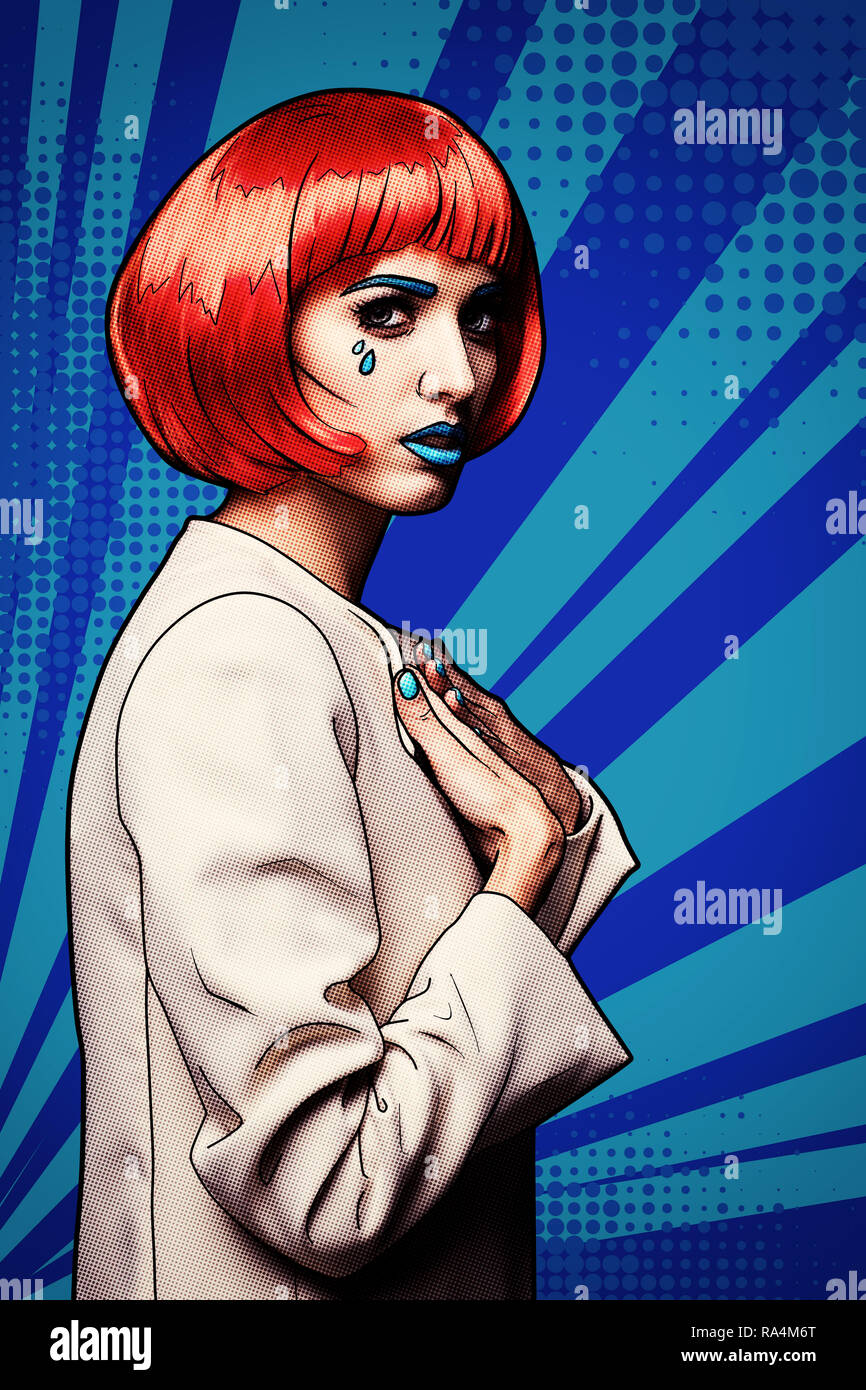 Portrait of young woman in comic pop art make-up style. Female in red ...
