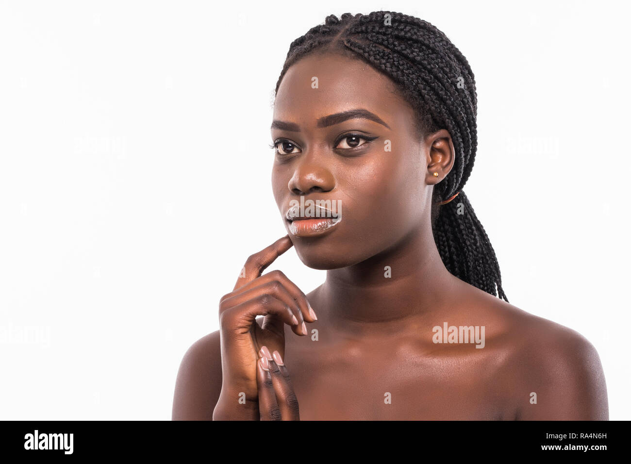 Beautiful african woman face close up portrait on white background ...