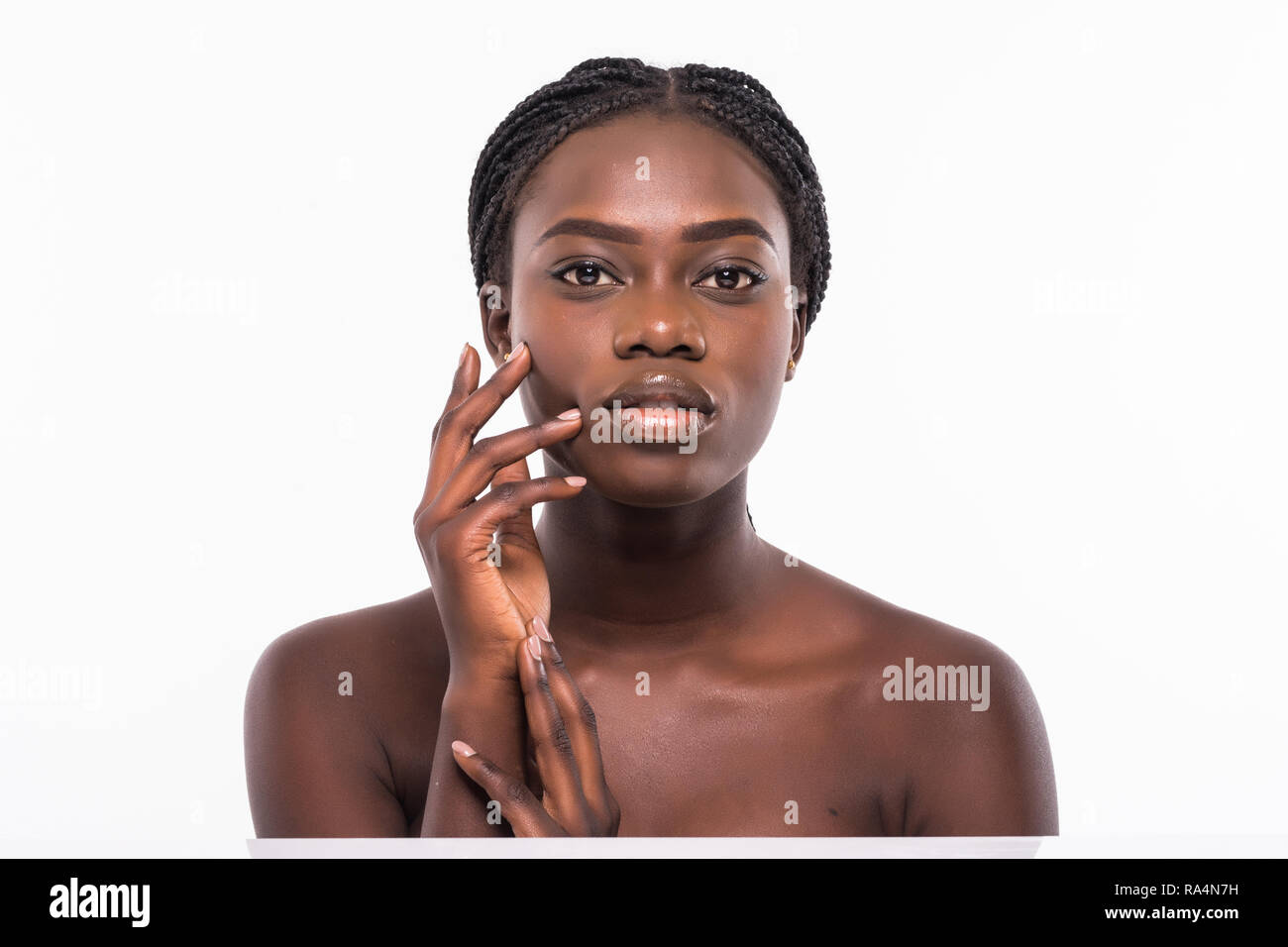 Beautiful african woman face close up portrait on white background ...