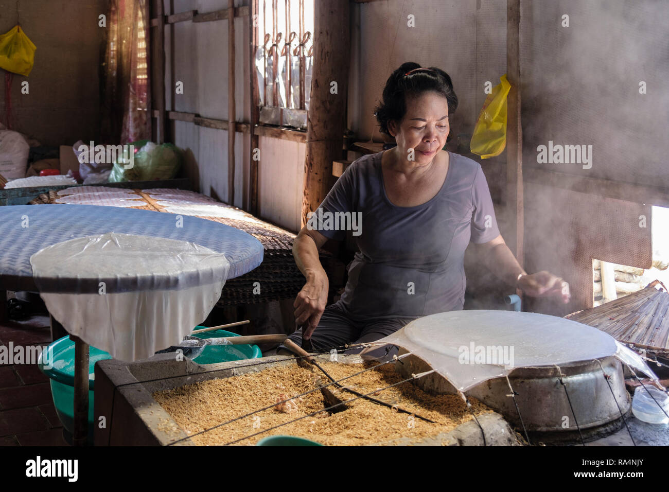 Vietnamese woman using rice grains to make rice paper wraps in a ...
