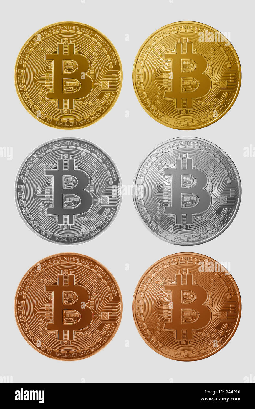 Group of Bitcoin cryptocurrency in gold, silver, copper colors isolated ...