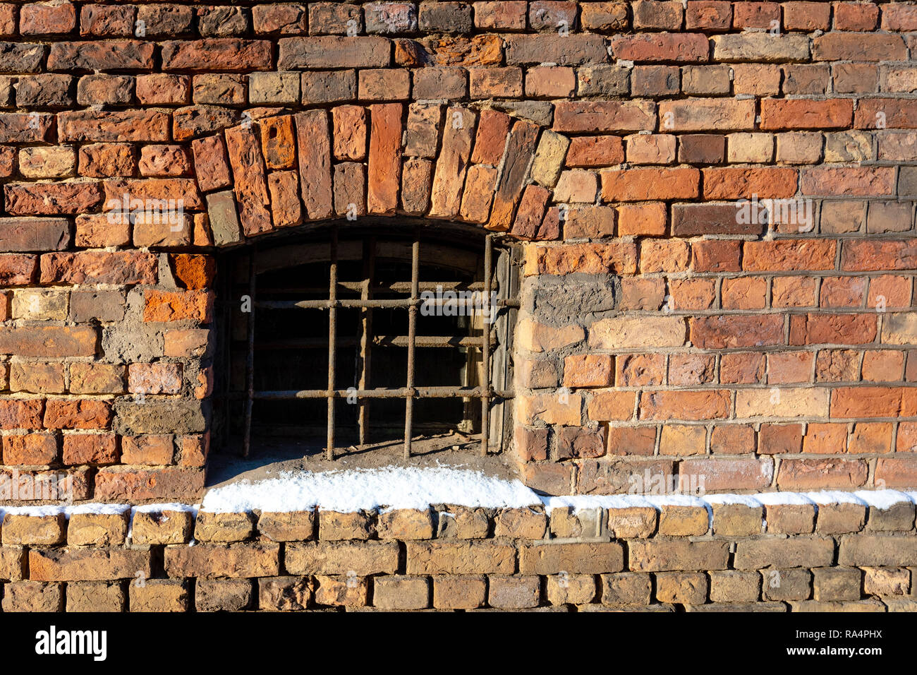 Front close-up view of a vintage brick with a window - Image Stock ...