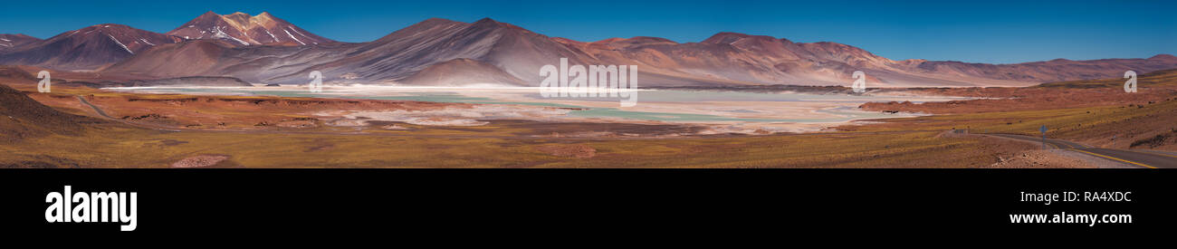 Wide angle panorama of Salar de Talar salt pans and lakes in the ...