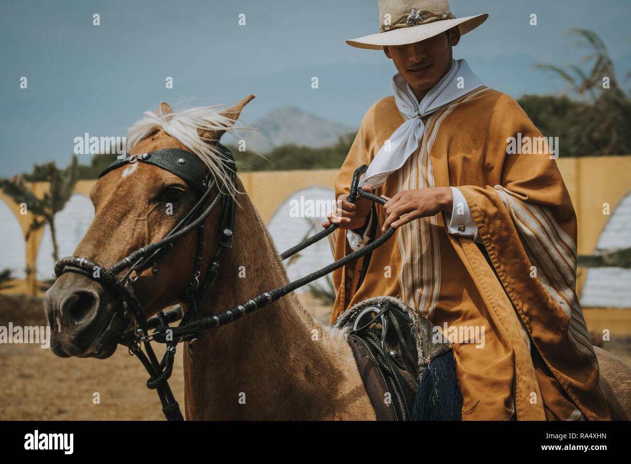 TRUJILLO, PERU - SEPTEMBER 2018 : Man in traditional clothes riding on ...