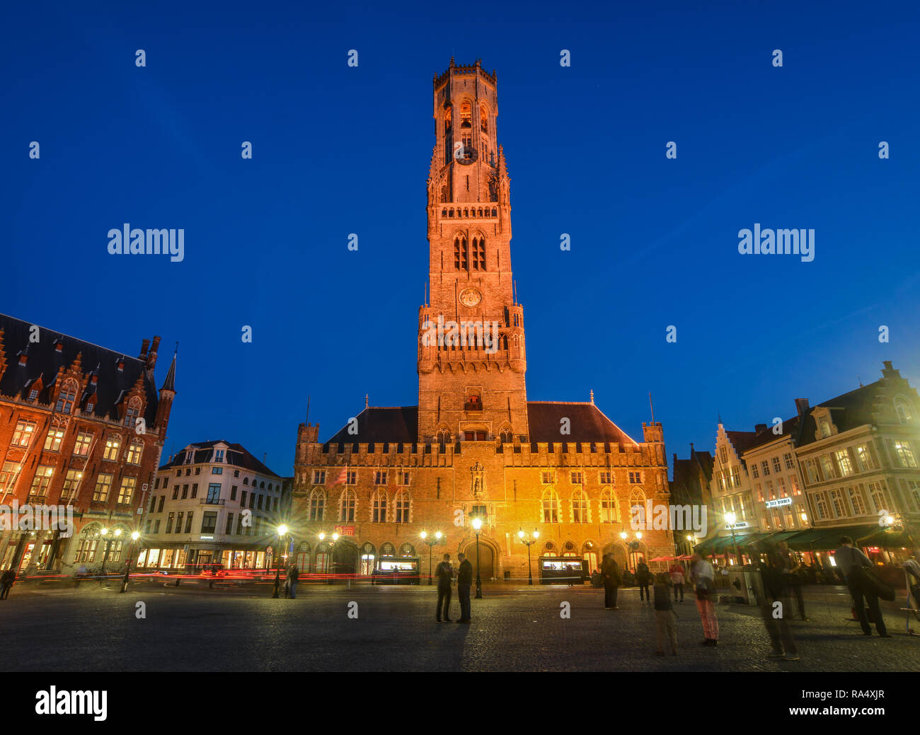 Bruges, Belgium - Oct 5, 2018. Night scene of Belfry Tower (Belfort) of ...