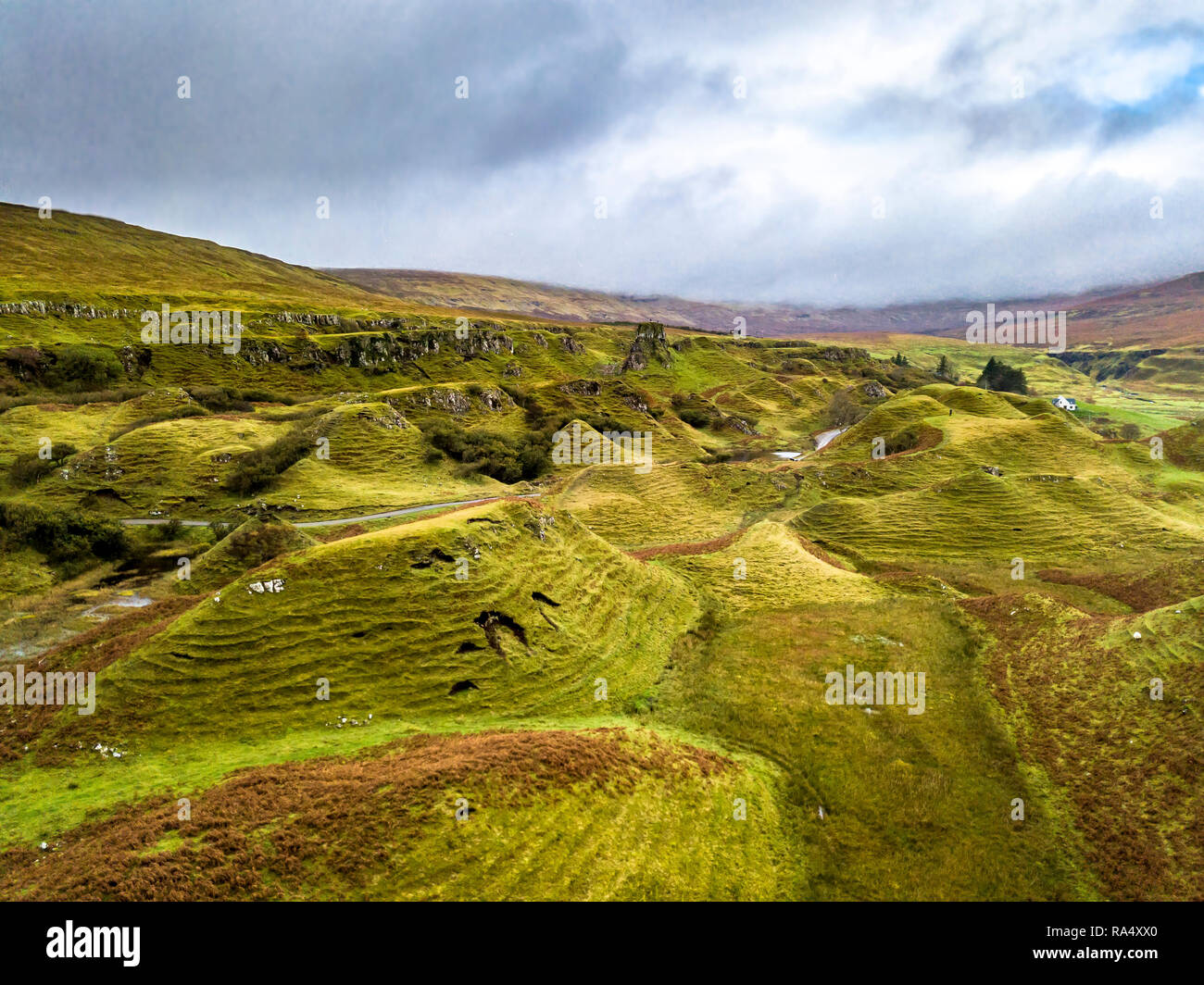 Aerial view of the Fairy Glen by Uig - Isle of Skye, Scotland - UK ...