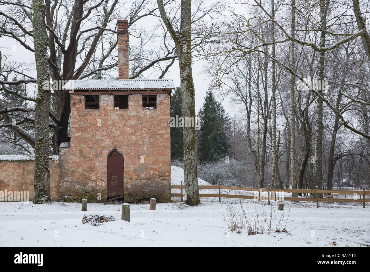 City Cesis, Latvia. Old town buildings, street and urban view. Winter ...