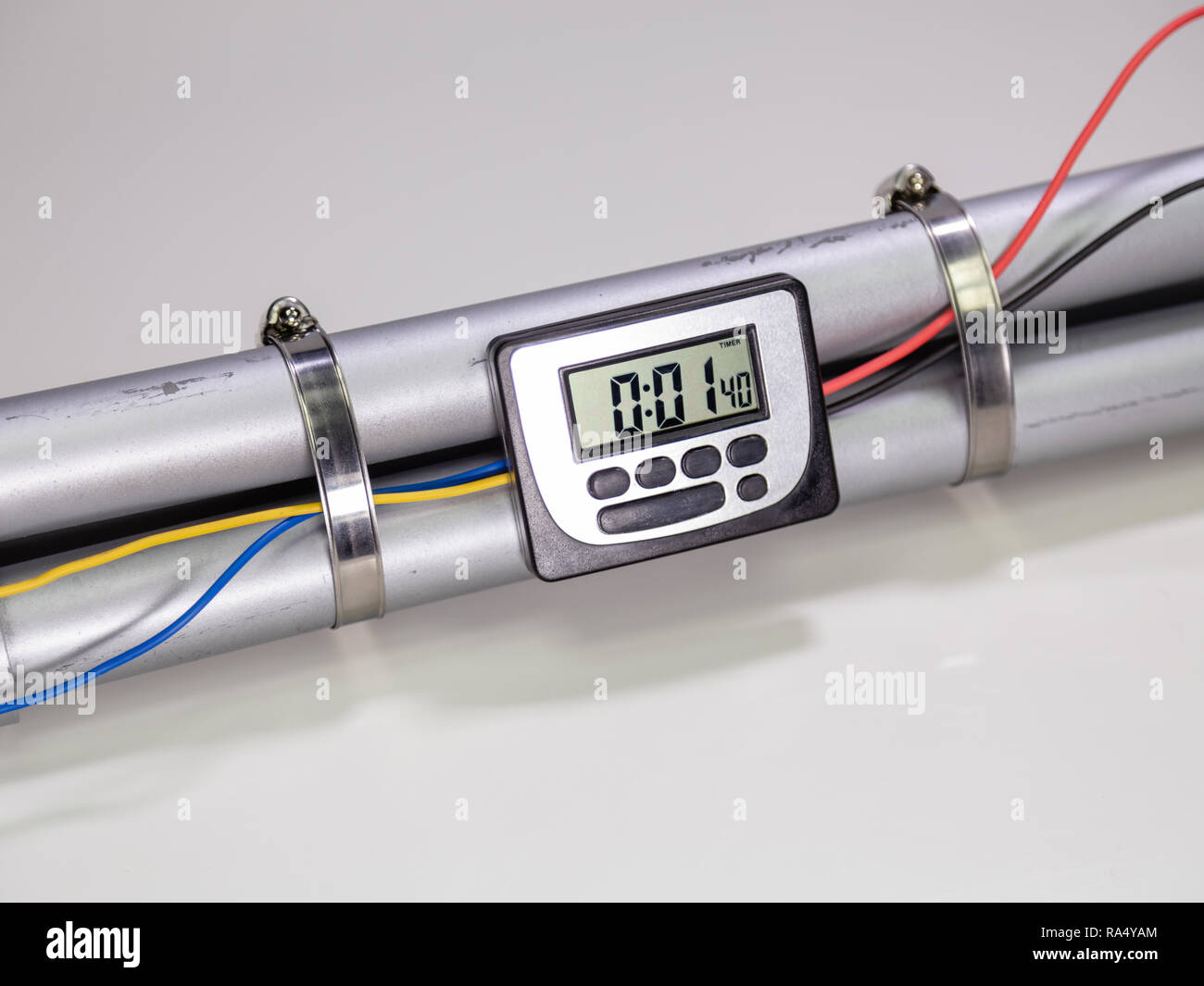 Pipe bomb with an lcd clock timer to trigger detonation on white ...