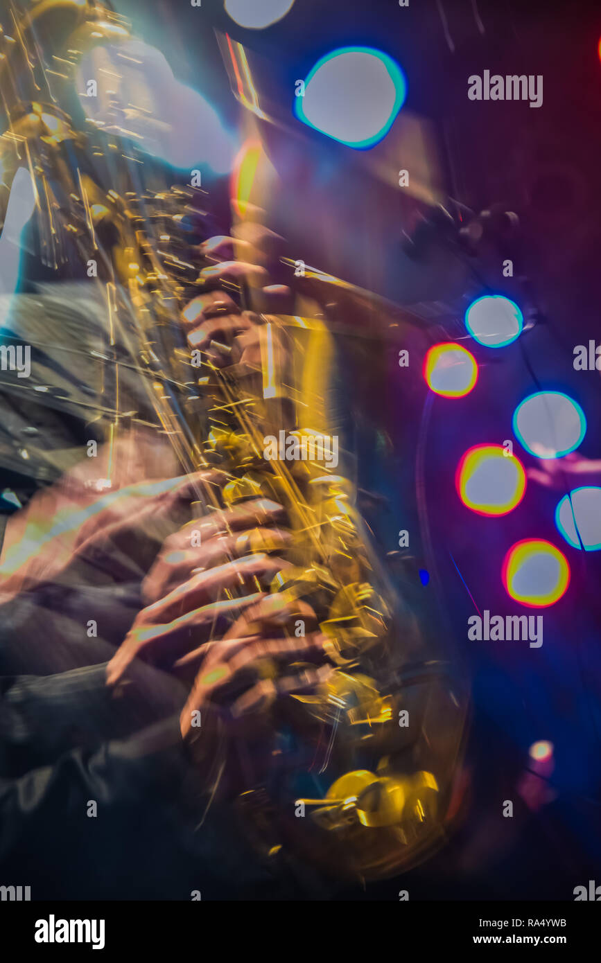 Sax player going crazy, multiples exposure art Stock Photo - Alamy