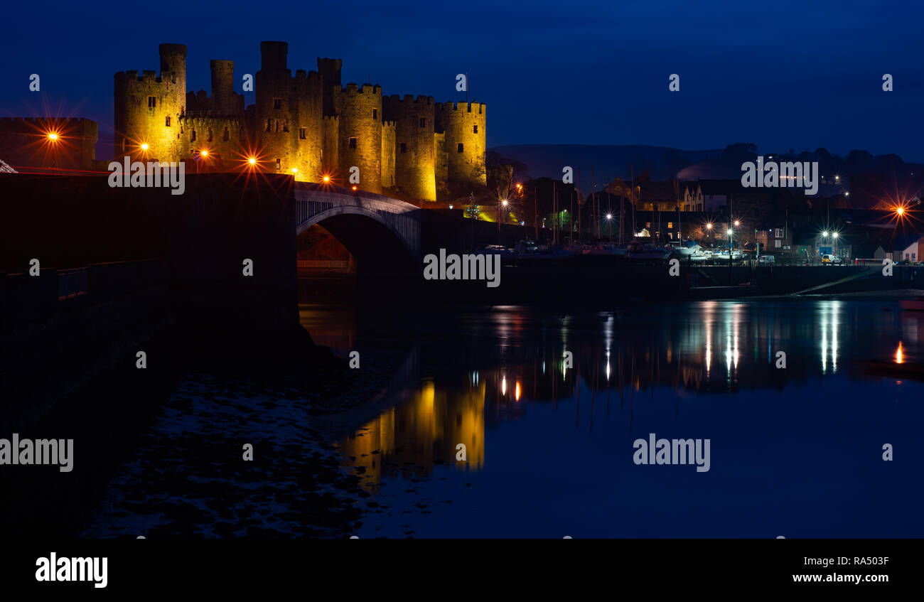 Conwy Castle, Quay, and The River Conwy Estuary, North Wales. Image ...
