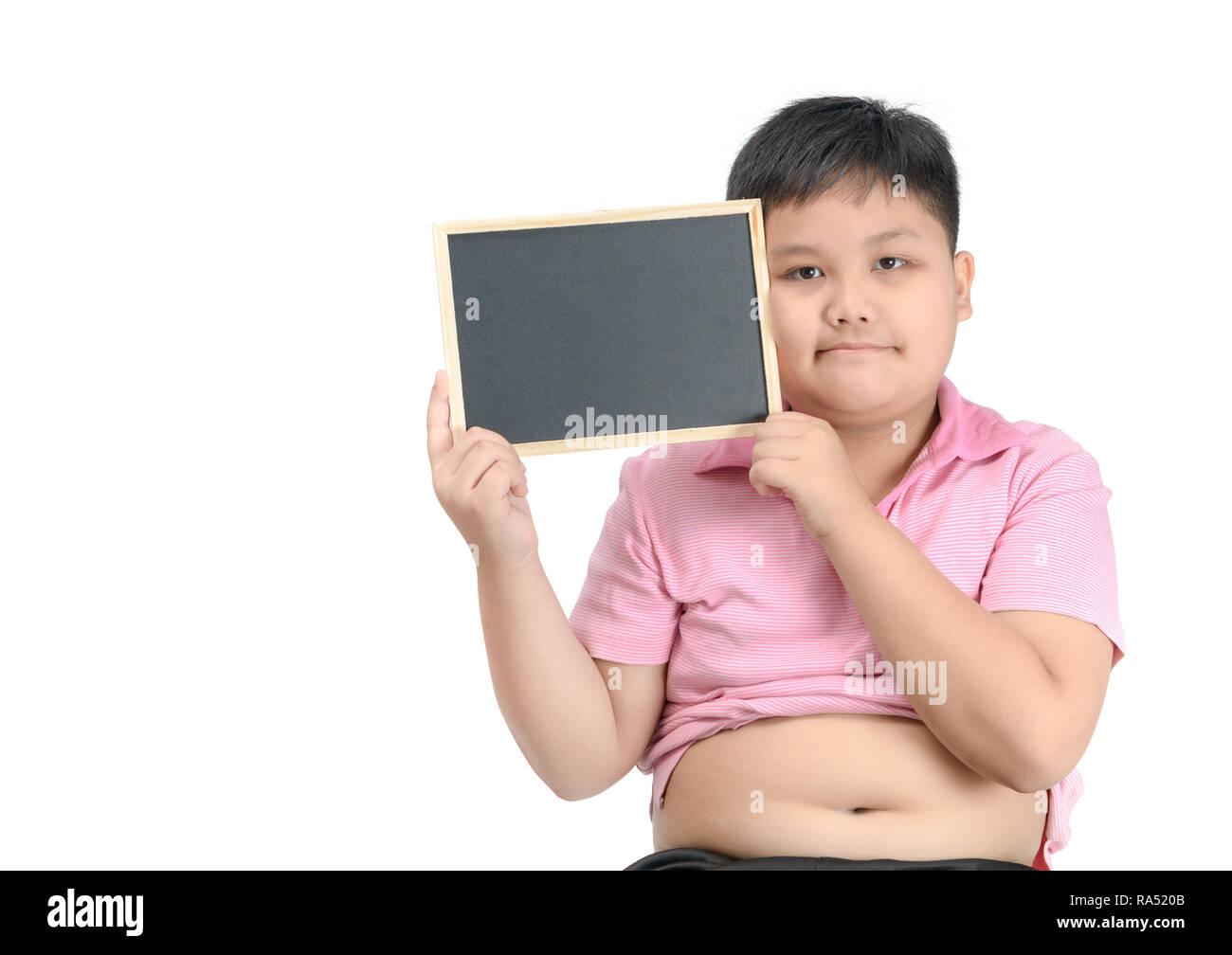 Obese fat boy show blank blackboard isolated on white background and ...