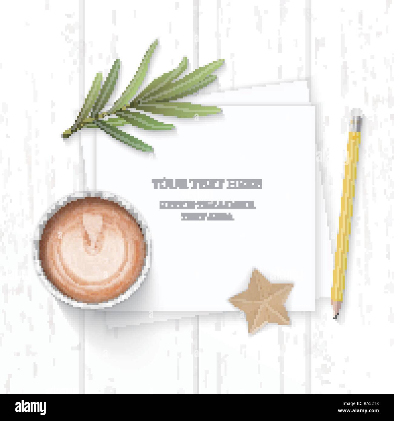 Flat lay top view elegant white composition paper coffee yellow pencil ...