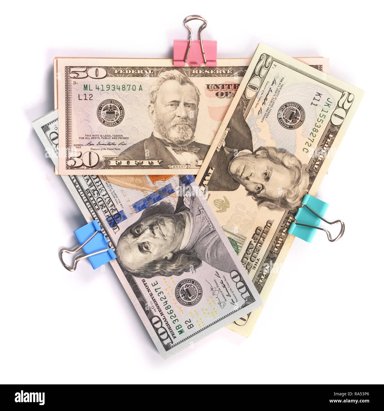 Three wads of money one hundred fifty and twenty dollars isolated on ...