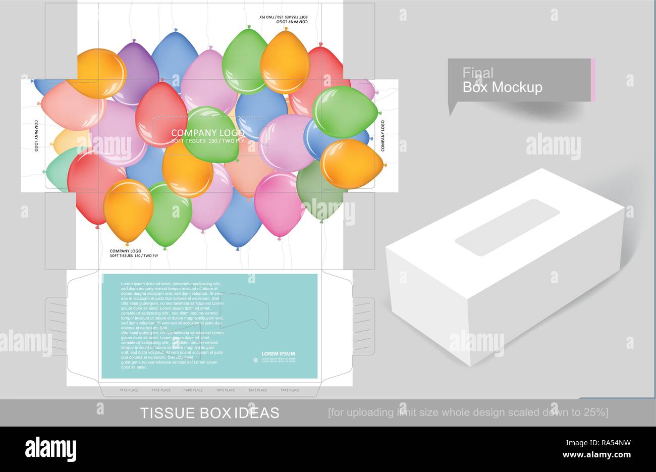 Colorful different size balloons tissue box concept, template for ...