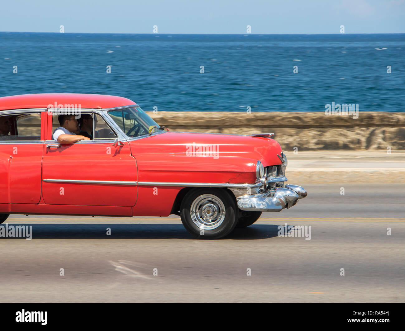 classic vintage American car driving in Havana, Cuba, Caribbean Stock ...