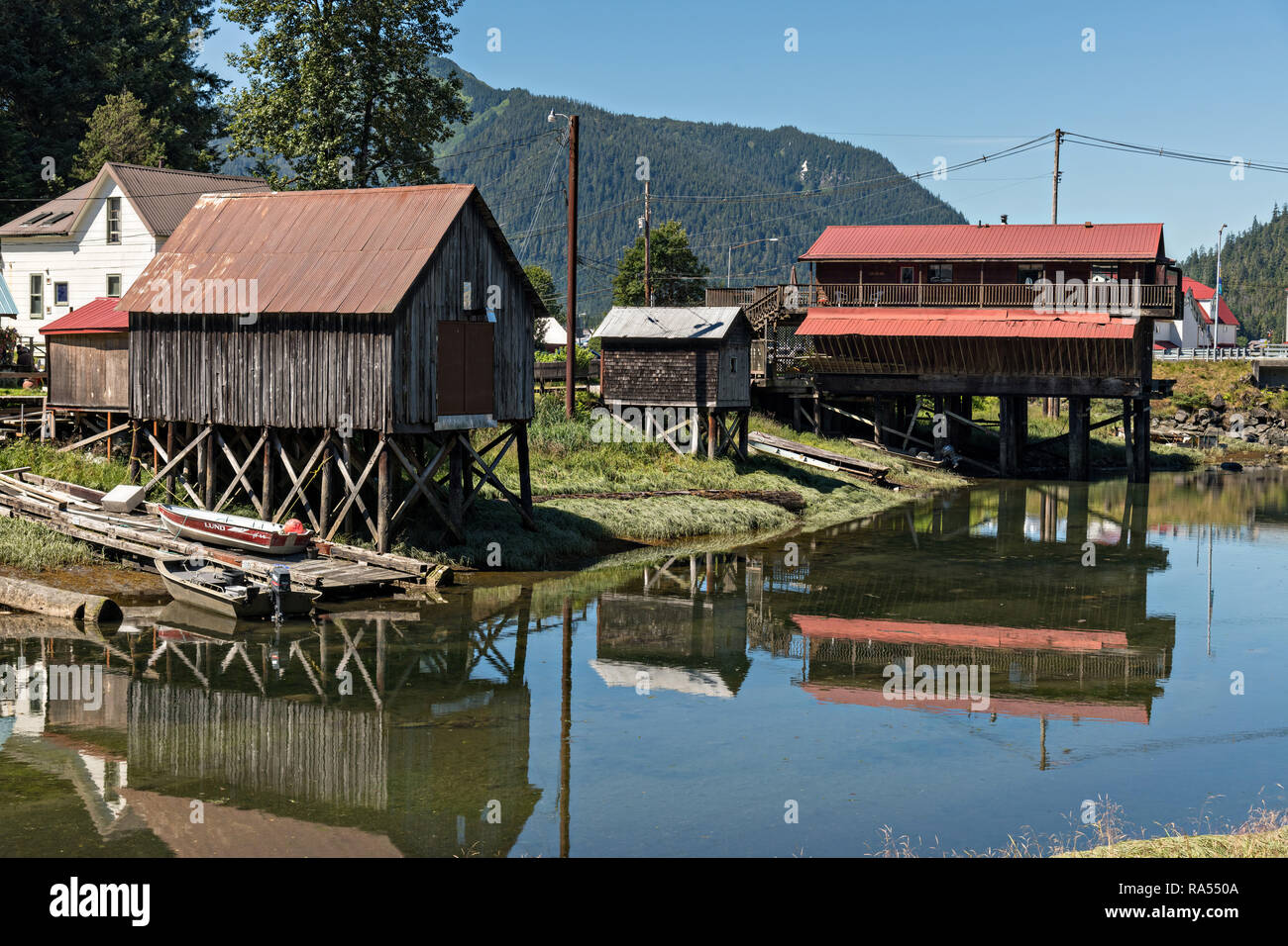 Old wooden stilt homes on Hammer Slough in Petersburg, Mitkof Island ...