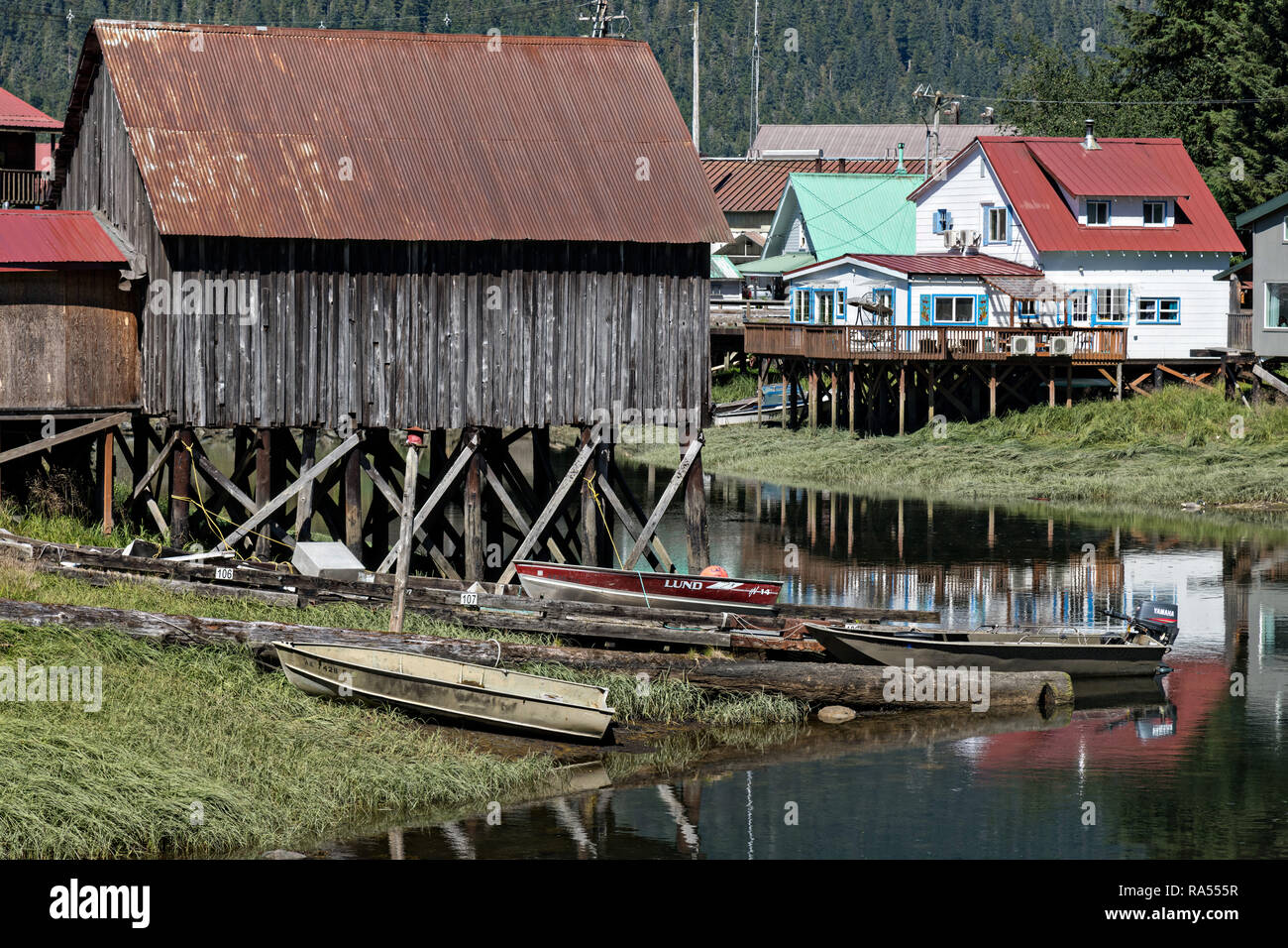 Old wooden stilt homes on Hammer Slough in Petersburg, Mitkof Island ...