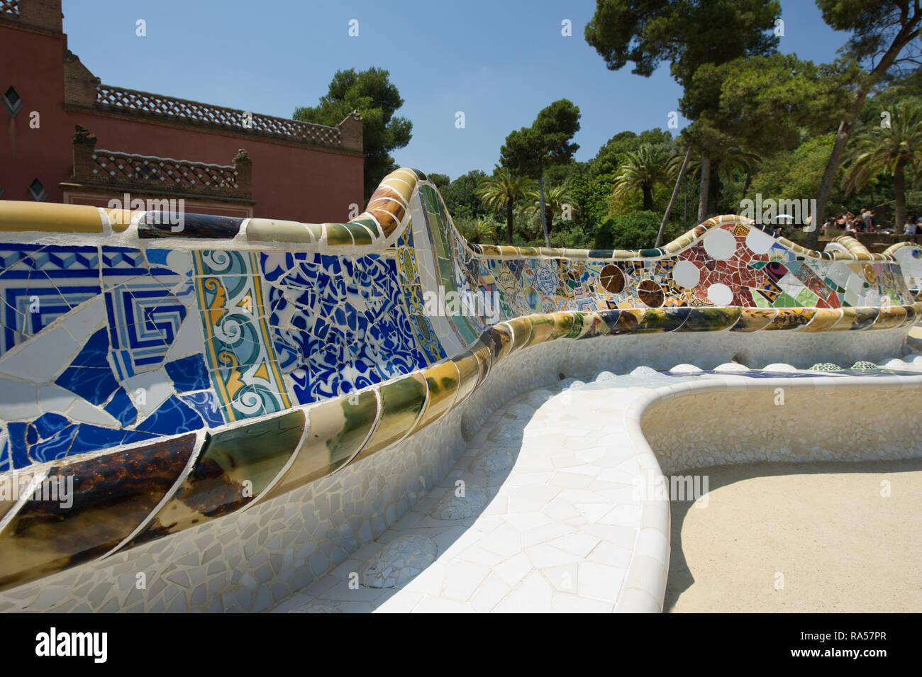 Ceramic benches designed by Antoni Gaudi at the Park Güell, Barcelona ...