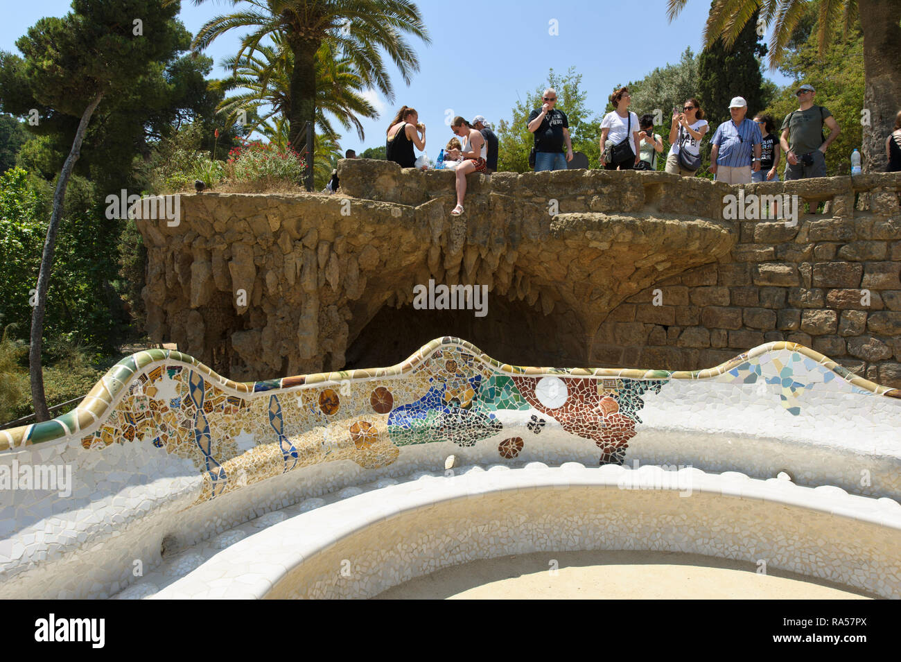Ceramic benches designed by Antoni Gaudi at the Park Güell, Barcelona ...