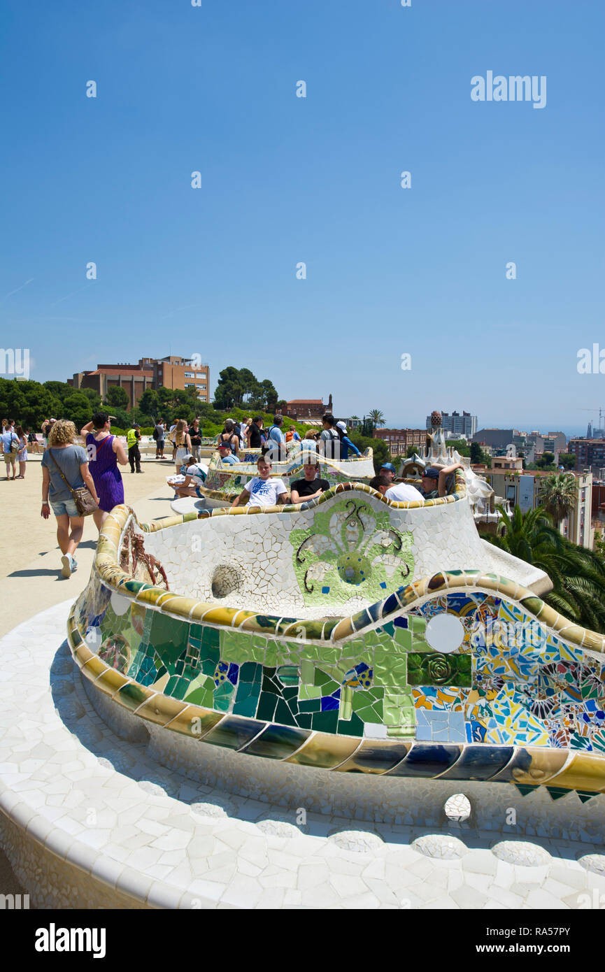 Ceramic benches designed by Antoni Gaudi at the Park Güell, Barcelona ...