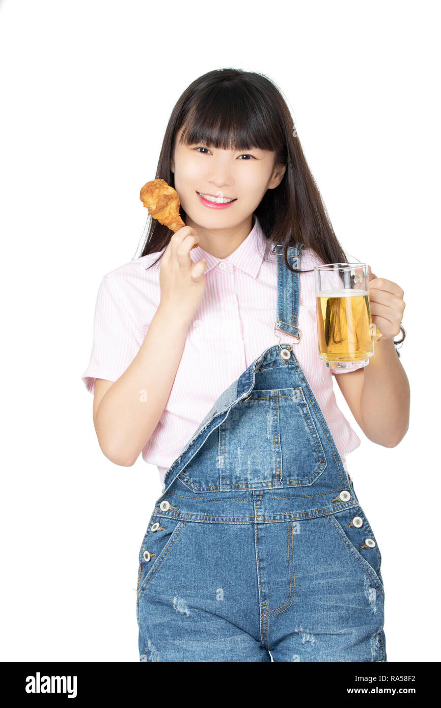 Beautiful Chinese American Woman Eating A Fried Chicken Drumstick And A