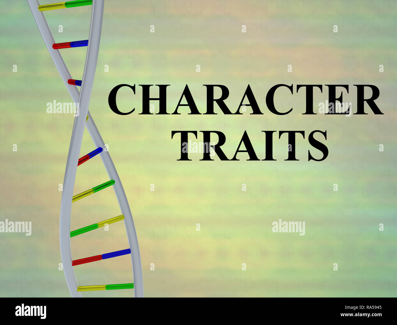 3D illustration of CHARACTER TRAITS script with DNA double helix ...